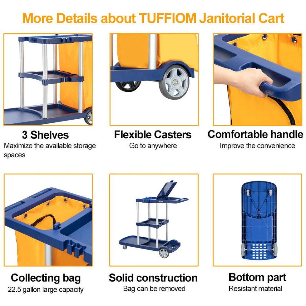 TUFFIOM 500 lbs 3-Shelf Cleaning Janitorial Cart With Wheeled Blue/Bla ...
