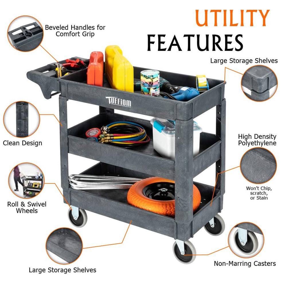 TUFFIOM TF253-S3 550lb Plastic Rolling 3-Tier Storage Utility Cart Bla ...