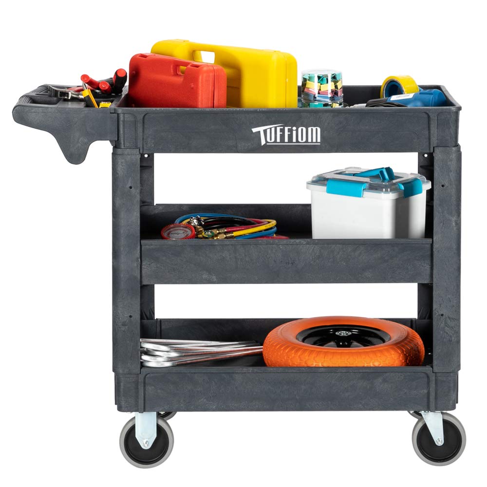TUFFIOM TF253-S3 550lb Plastic Rolling 3-Tier Storage Utility Cart Bla ...