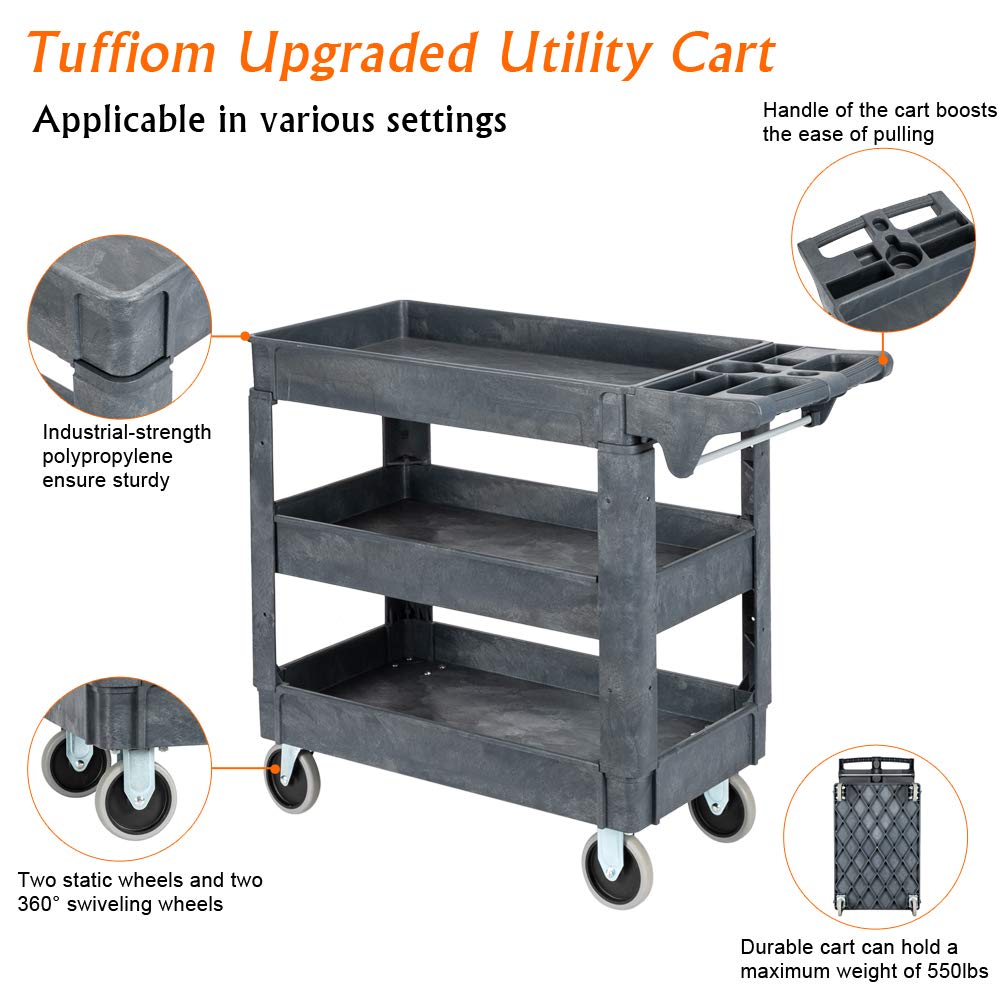 TUFFIOM TF253-S3 550lb Plastic Rolling 3-Tier Storage Utility Cart Bla ...